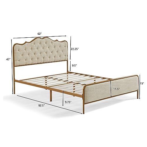 Queen Size Metal Upholstered Platform Bed Frames with Buckle Shaped Headboard, Mid-Century Modern Platform Bed with Sturdy Solid Wood Slat Support for Bedroom Boys Girls, Under Bed Storage, Beige