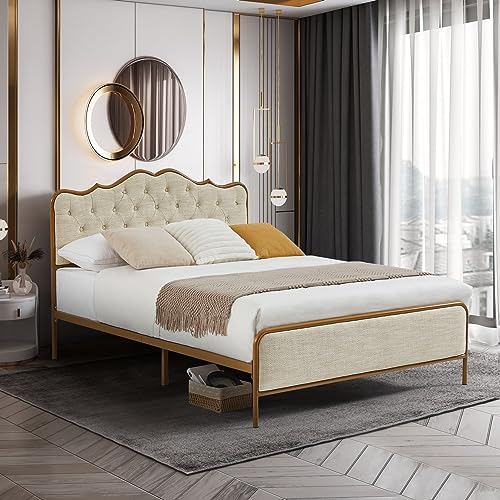 Queen Size Metal Upholstered Platform Bed Frames with Buckle Shaped Headboard, Mid-Century Modern Platform Bed with Sturdy Solid Wood Slat Support for Bedroom Boys Girls, Under Bed Storage, Beige