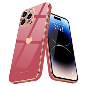 teageo compatible with iphone 14 pro case for girl women cute love-heart luxury bling soft back cover raised camera protection bumper silicone shockproof phone case for iphone 14 pro, bright blush