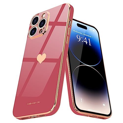 Teageo Compatible with iPhone 14 Pro Case for Girl Women Cute Love-Heart Luxury Bling Soft Back Cover Raised Camera Protection Bumper Silicone Shockproof Phone Case for iPhone 14 Pro, Bright Blush