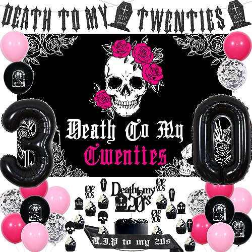 Rip to My 20s Birthday Decorations for Her, Death to My Twenties Backdrop, Banner, Cake Topper, Sash, Funeral for My Youth Funny Thirtieth 30th Birthday Party Supplies Black Pink