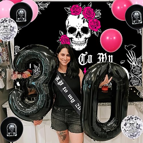 Rip to My 20s Birthday Decorations for Her, Death to My Twenties Backdrop, Banner, Cake Topper, Sash, Funeral for My Youth Funny Thirtieth 30th Birthday Party Supplies Black Pink