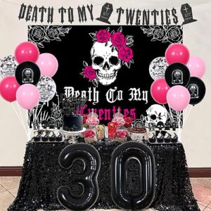 Rip to My 20s Birthday Decorations for Her, Death to My Twenties Backdrop, Banner, Cake Topper, Sash, Funeral for My Youth Funny Thirtieth 30th Birthday Party Supplies Black Pink