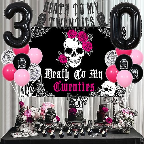 Rip to My 20s Birthday Decorations for Her, Death to My Twenties Backdrop, Banner, Cake Topper, Sash, Funeral for My Youth Funny Thirtieth 30th Birthday Party Supplies Black Pink