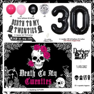 Rip to My 20s Birthday Decorations for Her, Death to My Twenties Backdrop, Banner, Cake Topper, Sash, Funeral for My Youth Funny Thirtieth 30th Birthday Party Supplies Black Pink