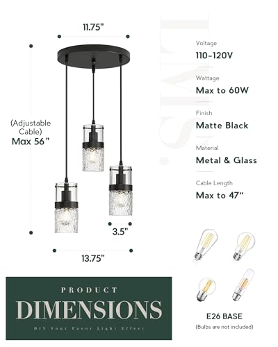 LMS Black 3-Light Pendant Fixtures, Adjustable Kitchen Hanging Light Fixture, Cluster Pendant Lights, LMS-188