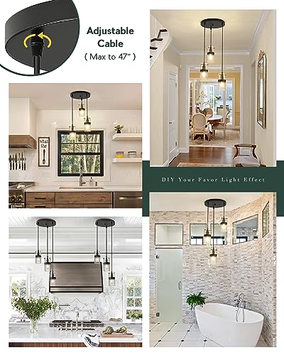 LMS Black 3-Light Pendant Fixtures, Adjustable Kitchen Hanging Light Fixture, Cluster Pendant Lights, LMS-188