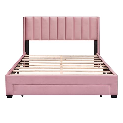 Queen Size Platform Bed Frame with Upholstered Headboard & Storage Drawer, Sturdy Wooden Slats Support / No Box Spring Required / Easy to Assembly for Bedroom Small Living Space Boys Girls Adults Room