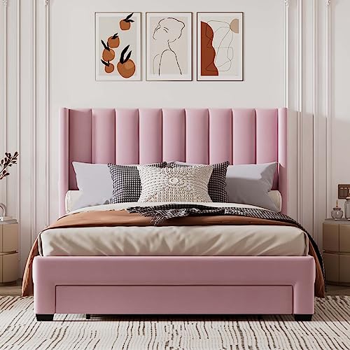 Queen Size Platform Bed Frame with Upholstered Headboard & Storage Drawer, Sturdy Wooden Slats Support / No Box Spring Required / Easy to Assembly for Bedroom Small Living Space Boys Girls Adults Room