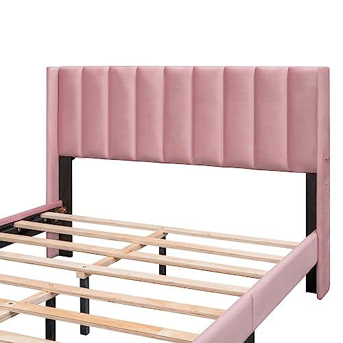 Queen Size Platform Bed Frame with Upholstered Headboard & Storage Drawer, Sturdy Wooden Slats Support / No Box Spring Required / Easy to Assembly for Bedroom Small Living Space Boys Girls Adults Room