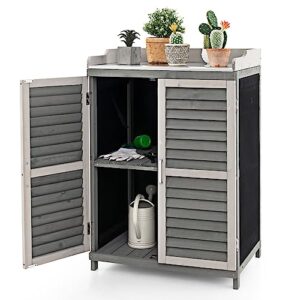 goplus outdoor potting bench table, garden storage cabinet w/metal tabletop, roll-up side door, solid wood potting workstation for garden, patio, grey