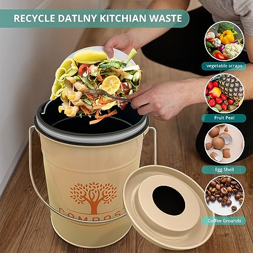 MKICLECER Compost Bin Kitchen Countertop -1.0 Gallon Indoor Compost Bins with lids with Sealed Inner Bucket and Ring -Compost Pail for Kitchen - Countertop Compost Bin,3 Additional Charcoal Filters