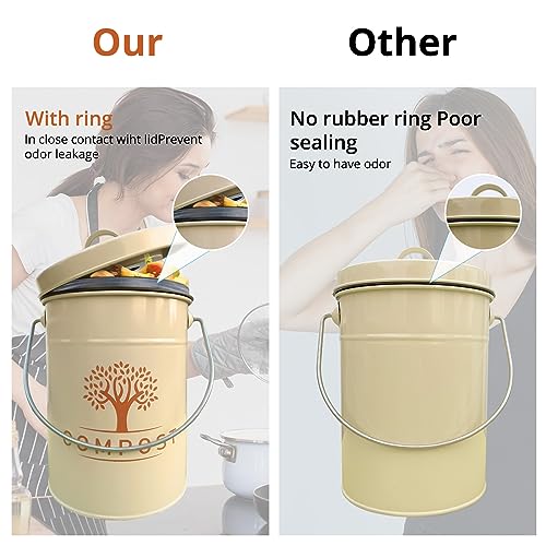 MKICLECER Compost Bin Kitchen Countertop -1.0 Gallon Indoor Compost Bins with lids with Sealed Inner Bucket and Ring -Compost Pail for Kitchen - Countertop Compost Bin,3 Additional Charcoal Filters