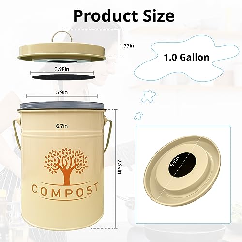 MKICLECER Compost Bin Kitchen Countertop -1.0 Gallon Indoor Compost Bins with lids with Sealed Inner Bucket and Ring -Compost Pail for Kitchen - Countertop Compost Bin,3 Additional Charcoal Filters