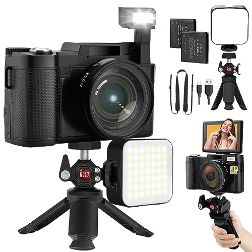 4K Digital Camera, Autofocus 48MP Vlogging Camera for YouTube with Flip Screen Cameras for Photography with Batteries, Fill Light, Mini Tripod Accessories