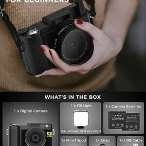 4K Digital Camera, Autofocus 48MP Vlogging Camera for YouTube with Flip Screen Cameras for Photography with Batteries, Fill Light, Mini Tripod Accessories