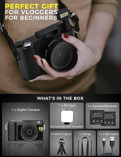 4K Digital Camera, Autofocus 48MP Vlogging Camera for YouTube with Flip Screen Cameras for Photography with Batteries, Fill Light, Mini Tripod Accessories