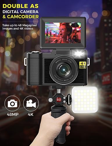 4K Digital Camera, Autofocus 48MP Vlogging Camera for YouTube with Flip Screen Cameras for Photography with Batteries, Fill Light, Mini Tripod Accessories