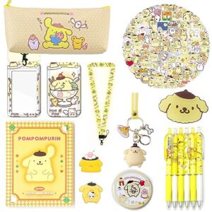 cute pompompurin school supplies set kawaii office supplies gift set including gel ink roller pens stickers pencil case id badge stickers button pins key chain phone ring holder