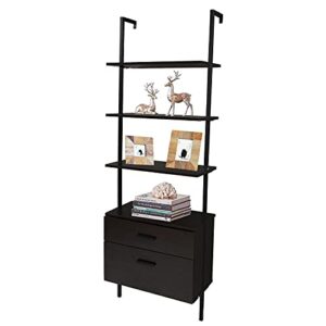 husyop industrial bookshelf, wood ladder bookshelf with 4-tier and 2 drawers,metal frame storage shelves bookcase for living room bedroom and office (brown/black)