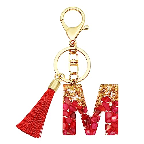 Lucky Red Tassel Keychain Initial Letter Keyring Gift Crystal Letter Pendant Gift for Women Girl (Red Letter M)