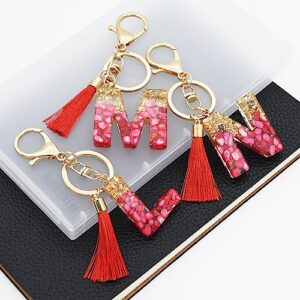 Lucky Red Tassel Keychain Initial Letter Keyring Gift Crystal Letter Pendant Gift for Women Girl (Red Letter M)