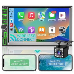 [Upgrade]Wireless CarPlay/Android Auto,Double Din Car Stereo Compatible with Voice Control,7In HD LCD Touchscreen Monitor, Bluetooth,Subwoofer,USB/Type-C/SD Port,A/FM Car Radio Receiver,Backup Camera