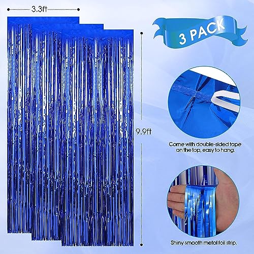 Birthday Party Decorations| 3 Pack 3.3 x 9.9 ft Blue Foil Fringe Curtains Party Supplies|Tinsel Curtain Backdrop for Parties, Glitter Streamers Backdrop for Birthday/Photo Booth Backdrops/Party Decor