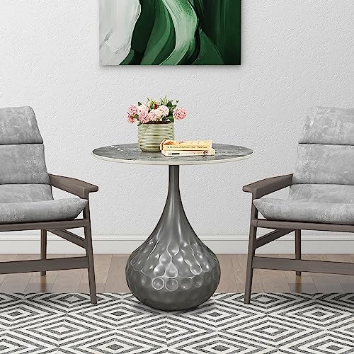 Way2Furn Metal Pedestal End Table, φ19.6 Round Marble Pattern Grey Accent Table with Metal Frame, Coffee Table for Living Room, Bedroom, Balcony, Outdoor, Lounge