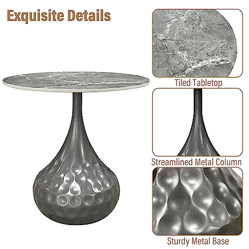 Way2Furn Metal Pedestal End Table, φ19.6 Round Marble Pattern Grey Accent Table with Metal Frame, Coffee Table for Living Room, Bedroom, Balcony, Outdoor, Lounge