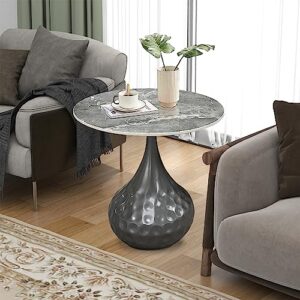 Way2Furn Metal Pedestal End Table, φ19.6 Round Marble Pattern Grey Accent Table with Metal Frame, Coffee Table for Living Room, Bedroom, Balcony, Outdoor, Lounge