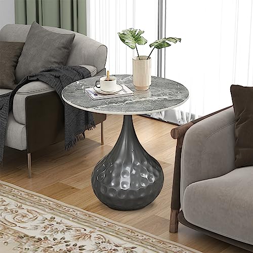 Way2Furn Metal Pedestal End Table, φ19.6 Round Marble Pattern Grey Accent Table with Metal Frame, Coffee Table for Living Room, Bedroom, Balcony, Outdoor, Lounge