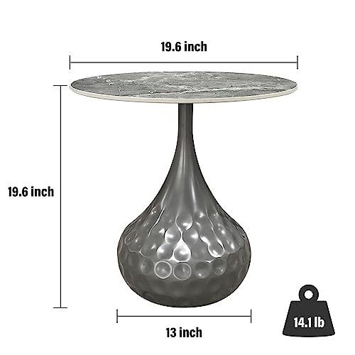 Way2Furn Metal Pedestal End Table, φ19.6 Round Marble Pattern Grey Accent Table with Metal Frame, Coffee Table for Living Room, Bedroom, Balcony, Outdoor, Lounge