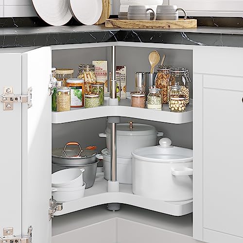 YITAHOME 28-Inch Kidney Shaped Pie Cut 2-Shelf Lazy Susan Corner Kitchen Cabinet Storage Organizer with Telescoping Mount, White