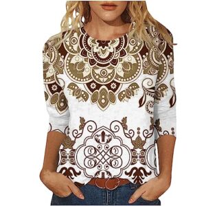 womens fashion fall tops 2023 casual dressy 3/4 sleeve loose fit t shirts trendy crew neck floral printed cute blouse