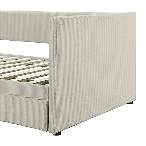 Aiuyesuo Twin Size Corduroy Daybed with Two Drawers, Solid Wood Sofa Bed Frame with Wood Slat Support for Bedroom, Guest Room, Living Room (Beige-ZC0E)