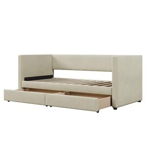 Aiuyesuo Twin Size Corduroy Daybed with Two Drawers, Solid Wood Sofa Bed Frame with Wood Slat Support for Bedroom, Guest Room, Living Room (Beige-ZC0E)