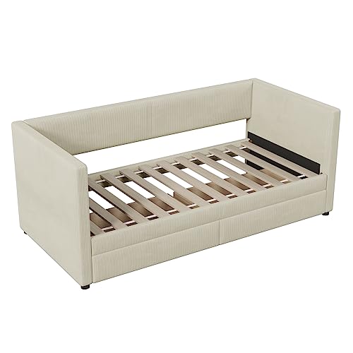 Aiuyesuo Twin Size Corduroy Daybed with Two Drawers, Solid Wood Sofa Bed Frame with Wood Slat Support for Bedroom, Guest Room, Living Room (Beige-ZC0E)