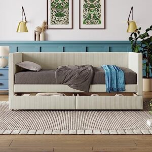 Aiuyesuo Twin Size Corduroy Daybed with Two Drawers, Solid Wood Sofa Bed Frame with Wood Slat Support for Bedroom, Guest Room, Living Room (Beige-ZC0E)