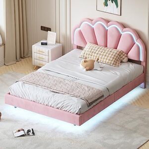 full size upholstered smart led bed with elegant flowers headboard, floating velvet upholstered bed with wooden slats support, upholstered smart led bed frame for kids teens boys girls (pink-zc8s)