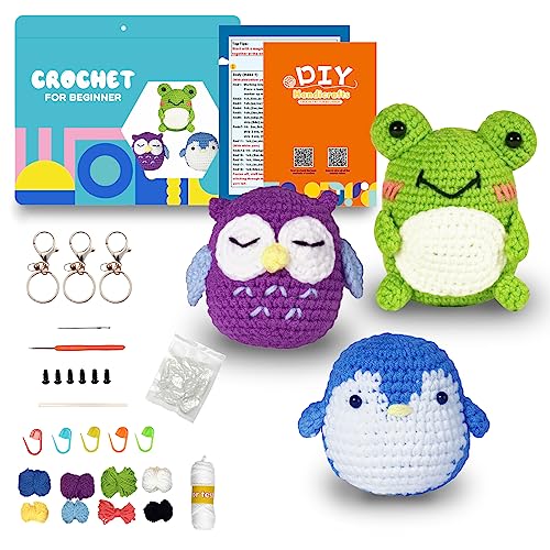 BEEBARYJ 3PCS Crochet Kit for Beginners,Crochet Starter Kit for Adults and Kids DIY Crochet Animal Kit Crocheting Knitting Kit with Step-by-Step Video Tutorials (Penguin+Frog+Owl)