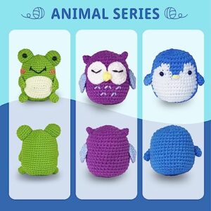 BEEBARYJ 3PCS Crochet Kit for Beginners,Crochet Starter Kit for Adults and Kids DIY Crochet Animal Kit Crocheting Knitting Kit with Step-by-Step Video Tutorials (Penguin+Frog+Owl)