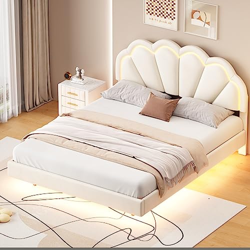 Queen Size Upholstered Smart LED Bed with Elegant Flowers Headboard, Floating Velvet Upholstered Bed with Wooden Slats Support, Upholstered Smart LED Bed Frame for Kids Teens Boys Girls (Beige-ZC18J)