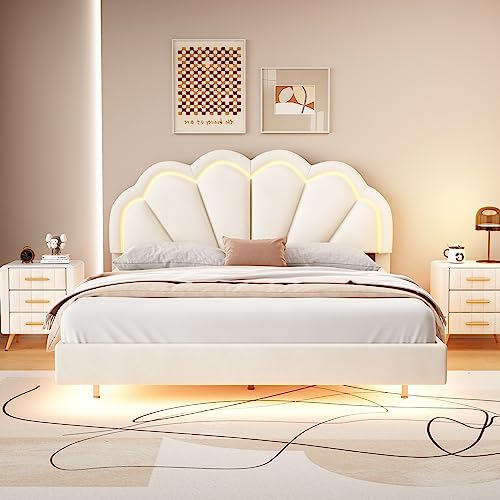 Queen Size Upholstered Smart LED Bed with Elegant Flowers Headboard, Floating Velvet Upholstered Bed with Wooden Slats Support, Upholstered Smart LED Bed Frame for Kids Teens Boys Girls (Beige-ZC18J)