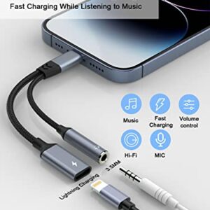 2-IN-1 iPhone Headphone and Charger Adapter, Lightning to 3.5mm AUX Audio Jack and Charger iphone Earphone Headset Splitter Compatible with iPhone 14/13/12/11 Pro Max/Pro/Plus/Mini/XR/XS/7/8 Plus-MFI