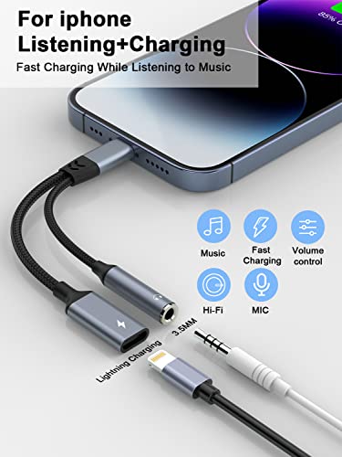 2-IN-1 iPhone Headphone and Charger Adapter, Lightning to 3.5mm AUX Audio Jack and Charger iphone Earphone Headset Splitter Compatible with iPhone 14/13/12/11 Pro Max/Pro/Plus/Mini/XR/XS/7/8 Plus-MFI