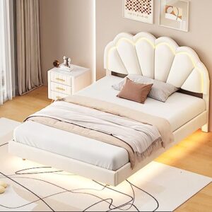 full size upholstered smart led bed with elegant flowers headboard, floating velvet upholstered bed with wooden slats support, upholstered smart led bed frame for kids teens boys girls (beige-zc8s)