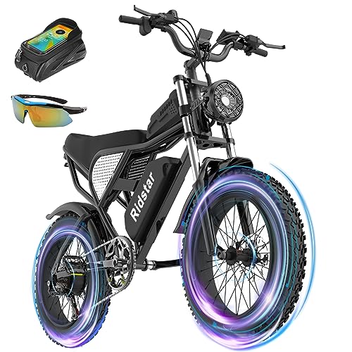 Bopzin Electric Bike for Adults, 20" Fat Tire 1000/2000W Brushless Motor 20/40AH Removable Battery Bicycles with Retro Motorcycle Design, 7-Speed Cruise Control with Disc Brake (1000W-48V 20AH)