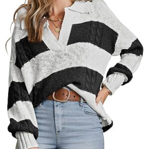 Dokotoo Sweaters for Women Fall 2023 Casual Lightweight Long Sleeve Cable Knit Loose Stylish Winter Sweater V Neck Color Block Turn-Down Collar Striped Pullover Jumper Tops Black Medium