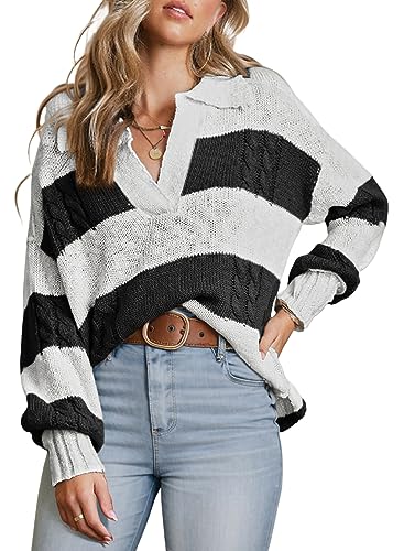 Dokotoo Sweaters for Women Fall 2023 Casual Lightweight Long Sleeve Cable Knit Loose Stylish Winter Sweater V Neck Color Block Turn-Down Collar Striped Pullover Jumper Tops Black Medium